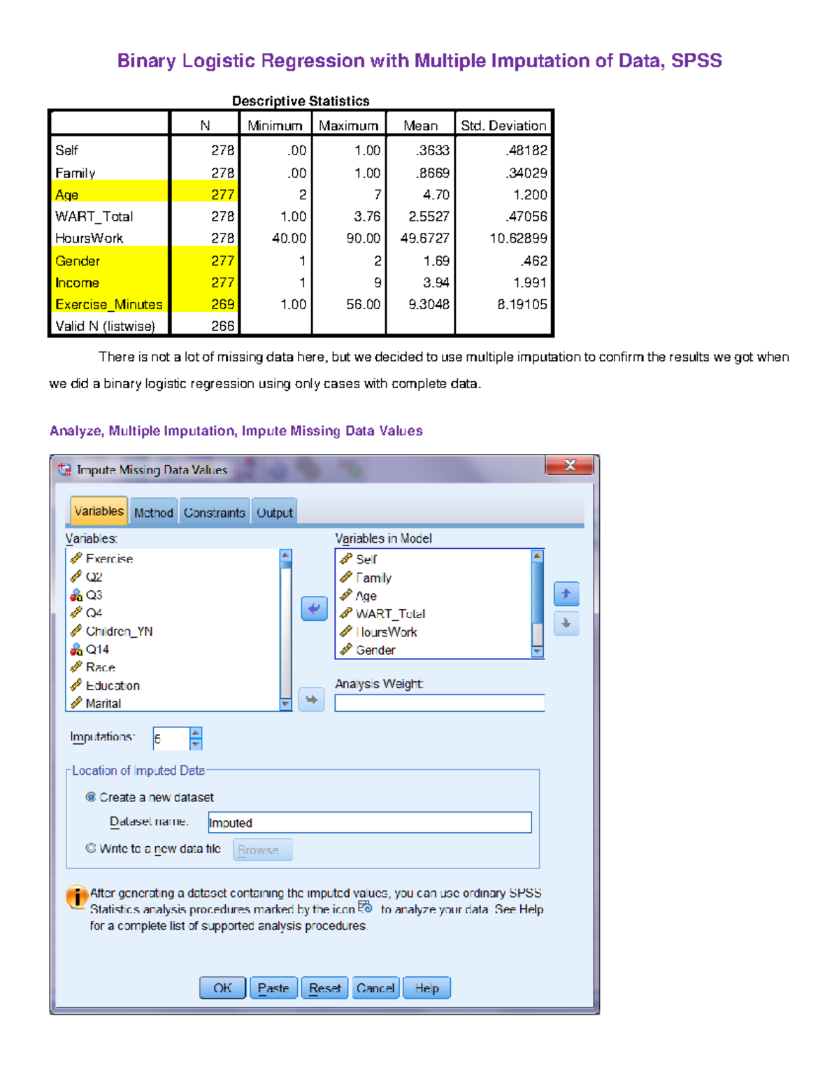 Binary Logistic Regression With Multiple Imputation Of Data Deviation Self 278 00 1 3633