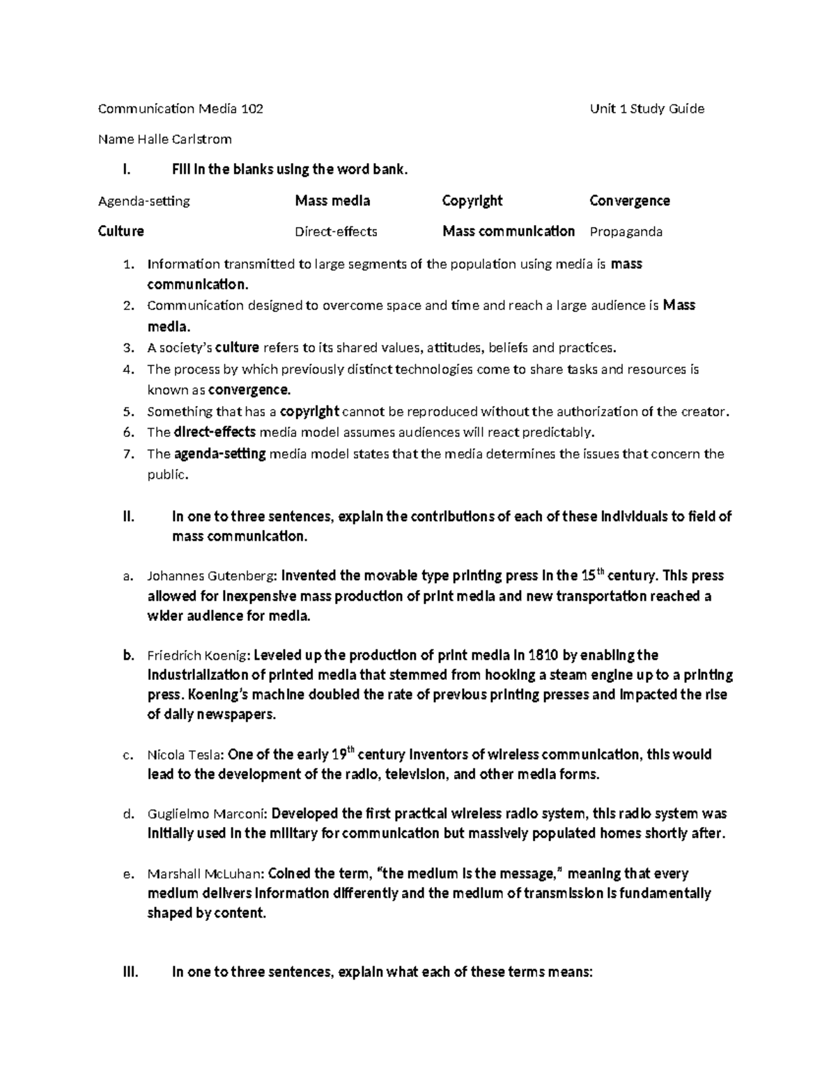 Halle Unit 1 Study Guide - Communications and Media - Communication ...