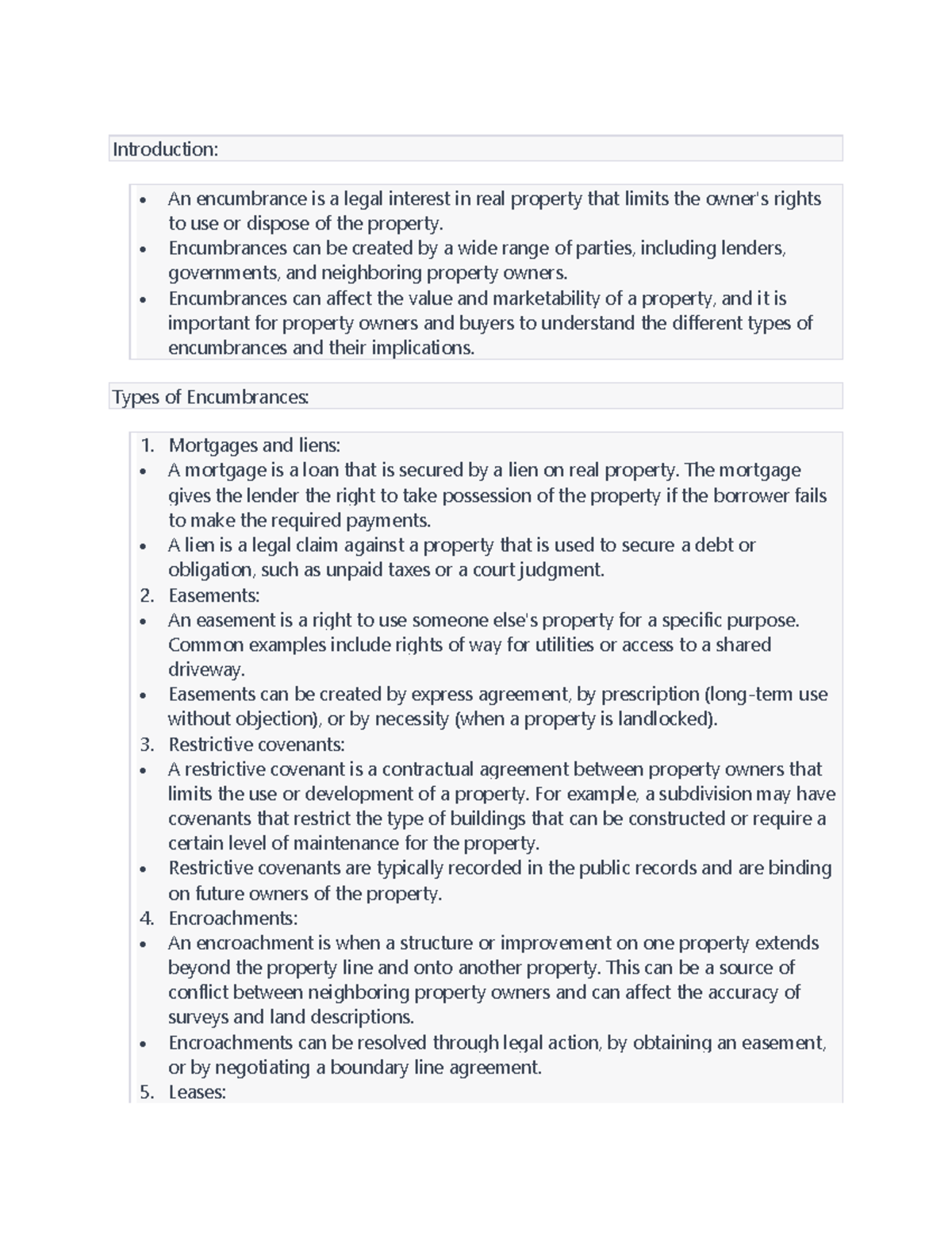Encumbrances for MT - Summary for Midterm - Introduction: • An ...