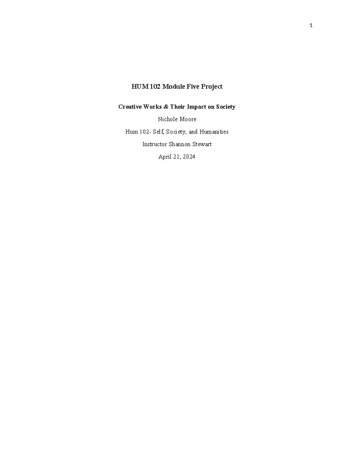 HUM 102 Module Five Project - HUM 102 Module Five Project Creative ...