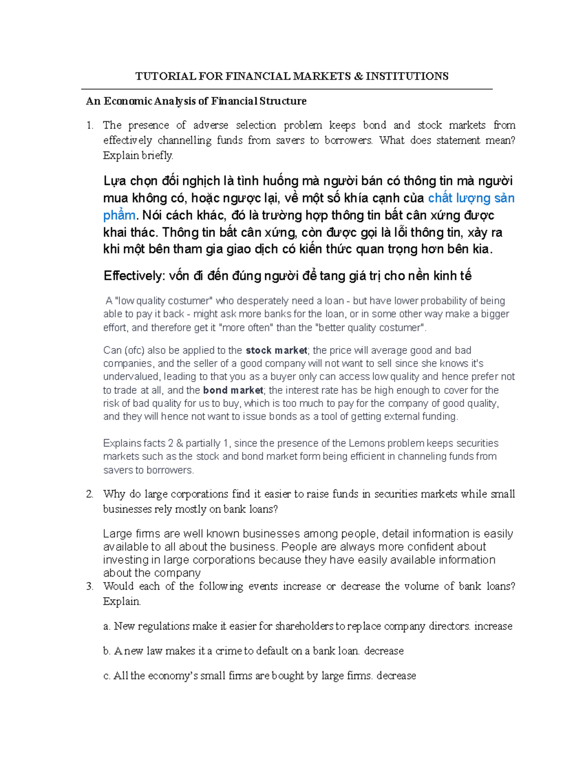 Tutorial-1 - Lý thuyết tài chính - TUTORIAL FOR FINANCIAL MARKETS ...