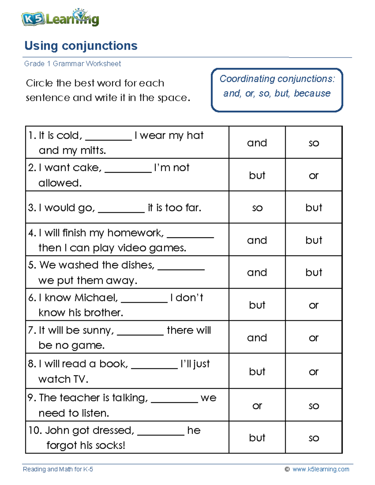 Grade 1 using conjunctions - Reading and Math for K- 5 © k5learning ...