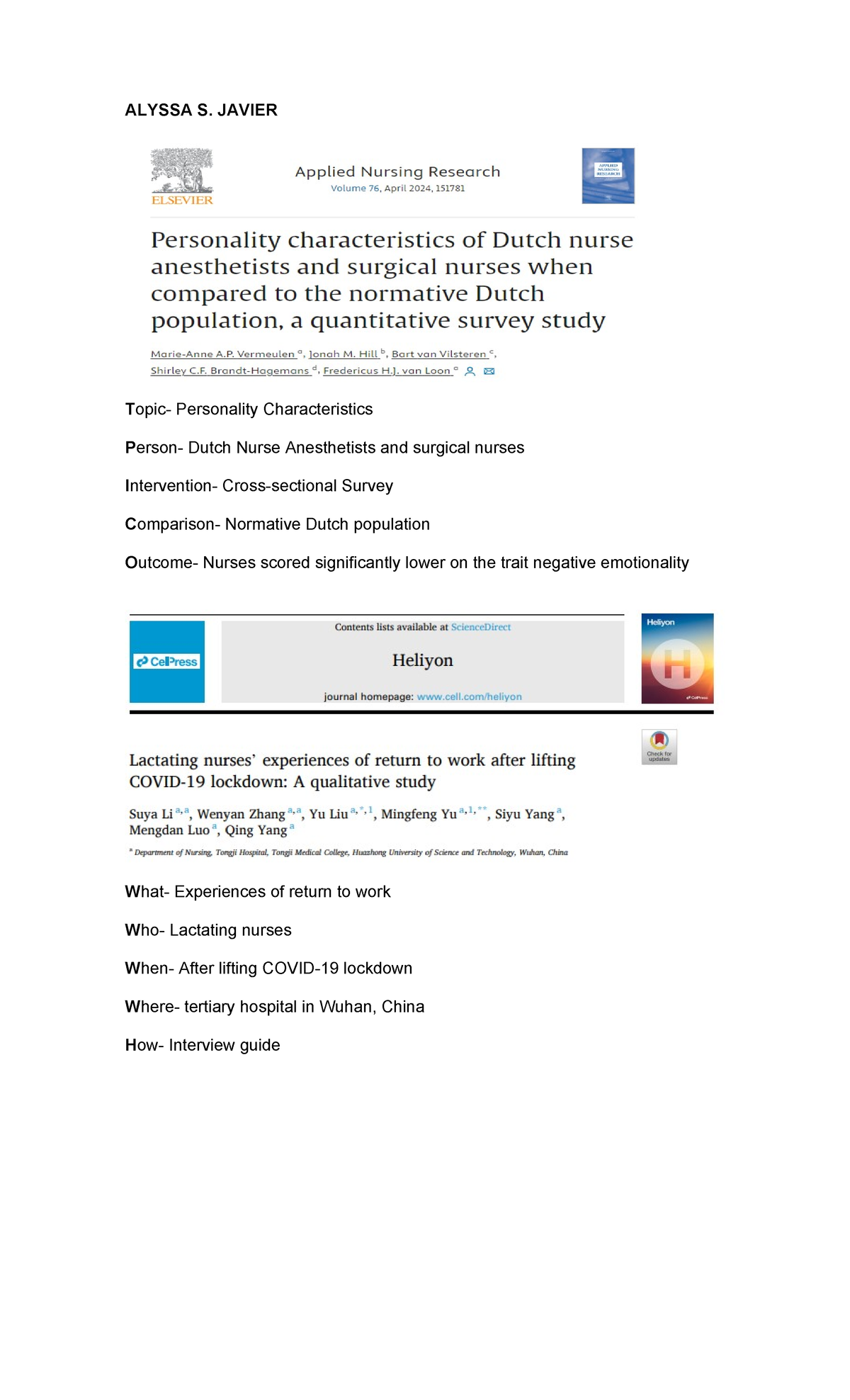 Javier, Alyssa -Advanced research performance task - Nursing - ALYSSA S ...