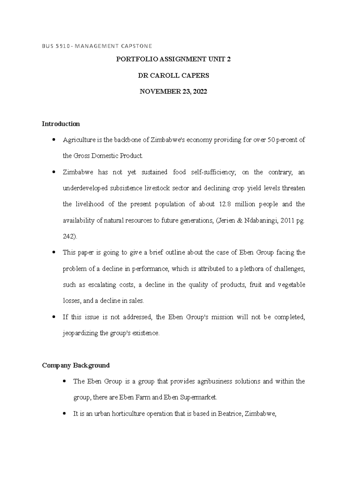 BUS 5910 Management Capstone Portfolio Assignment UNIT 2 - BUS 5910 ...