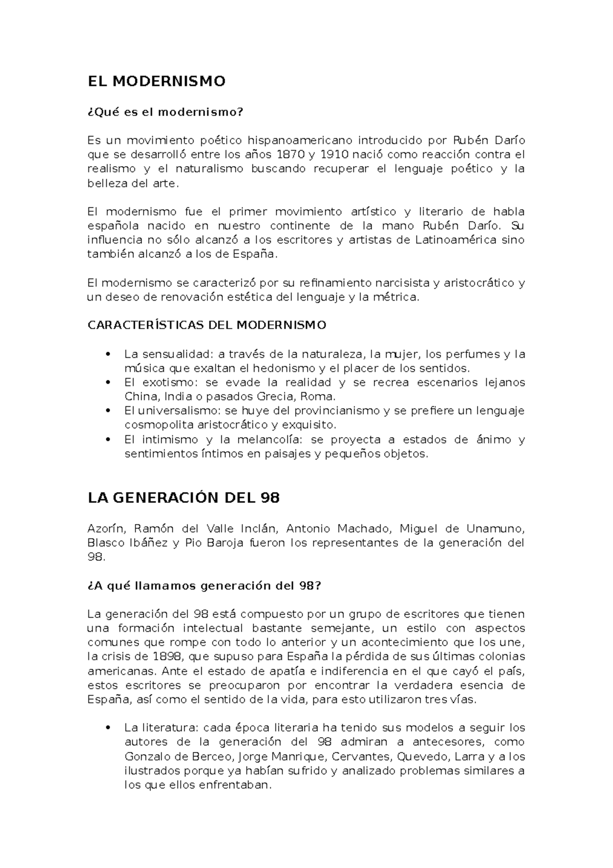 El Modernismo Y La Generación Del 98 El Modernismo ¿qué Es El