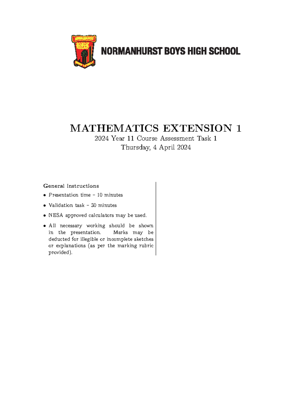 2024 Year 11 - Ext 1 Assessment Task 1 Question paper with graphs and past paper - MATHEMATICS ...