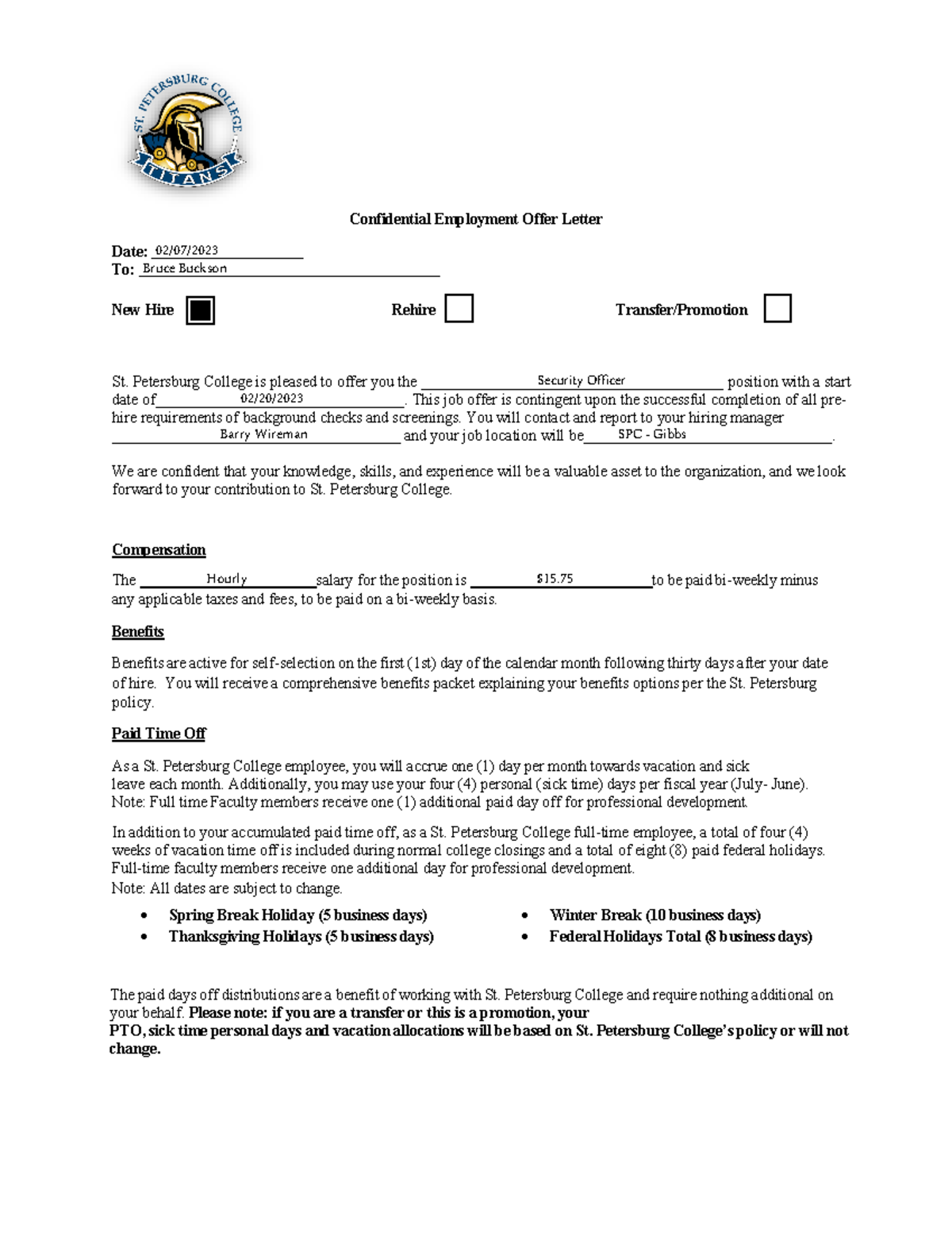 St. Petersburg College Offer Letter of Employment - BBuckson ...