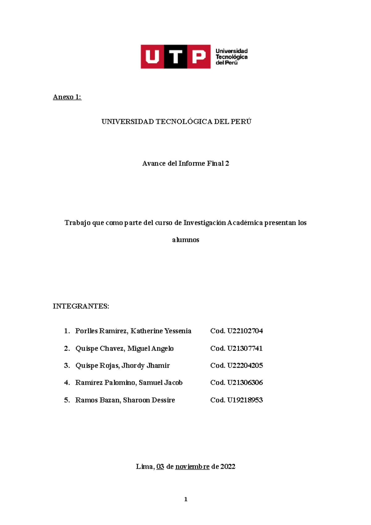 Avance de Informe Final 2 (AIF2) - Anexo 1: UNIVERSIDAD TECNOLÓGICA DEL ...