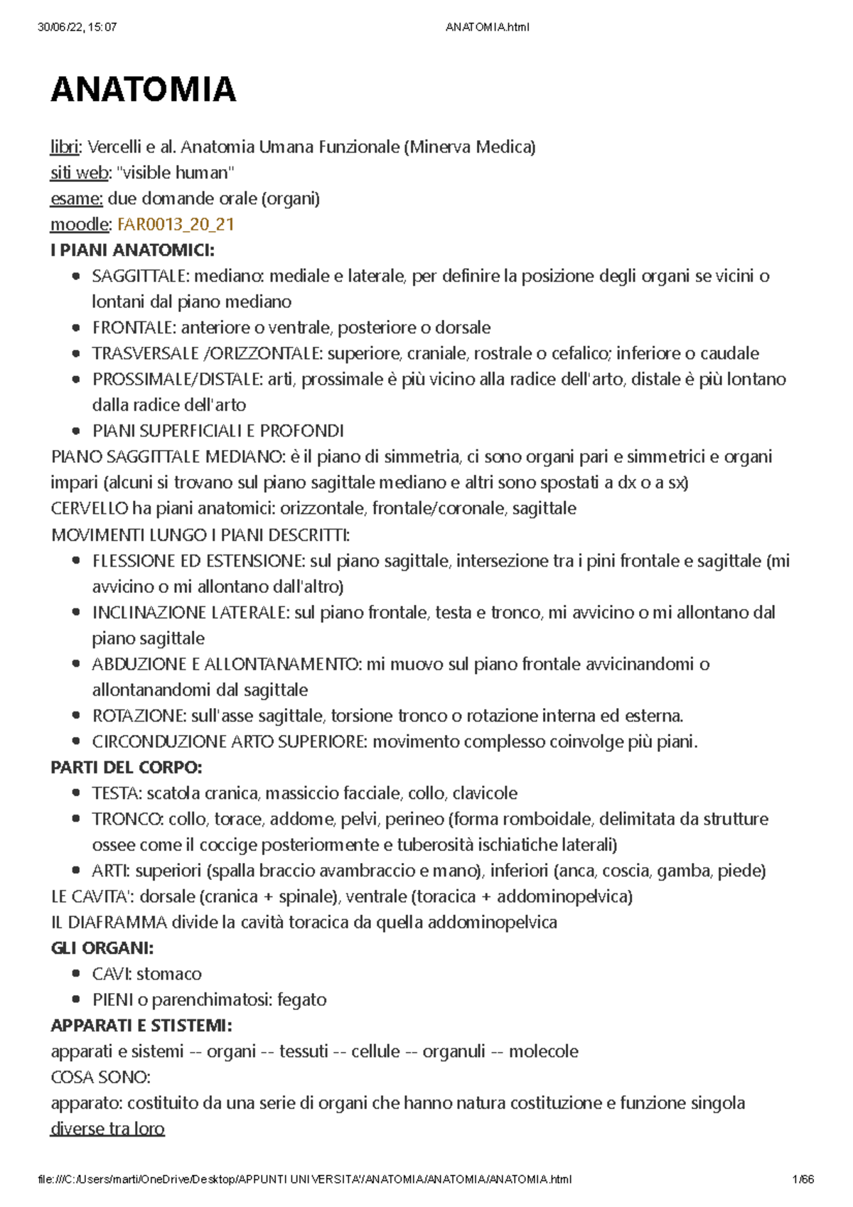 Anatomia PDF - APPUNTI di lezione - ANATOMIA libri: Vercelli e al ...