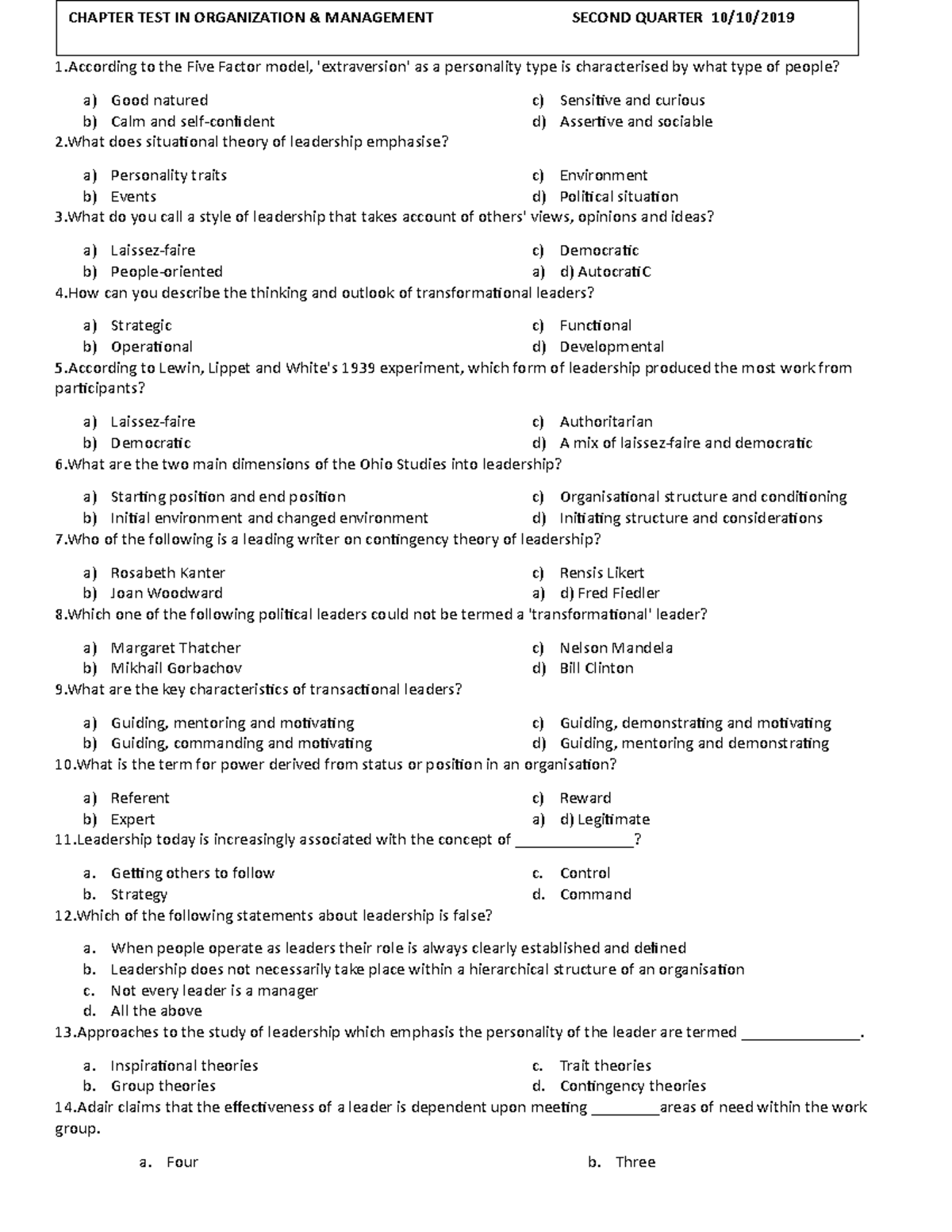 Chapter TEST in OM FOR Second Quarter - 1 to the Five Factor model ...