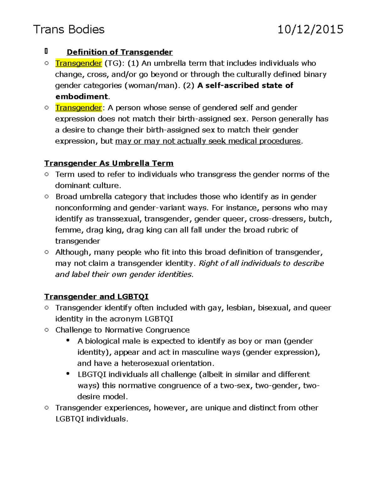 Lecture Notes, Lecture Trans Bodies - Trans Bodies 10/12/ Definition of ...