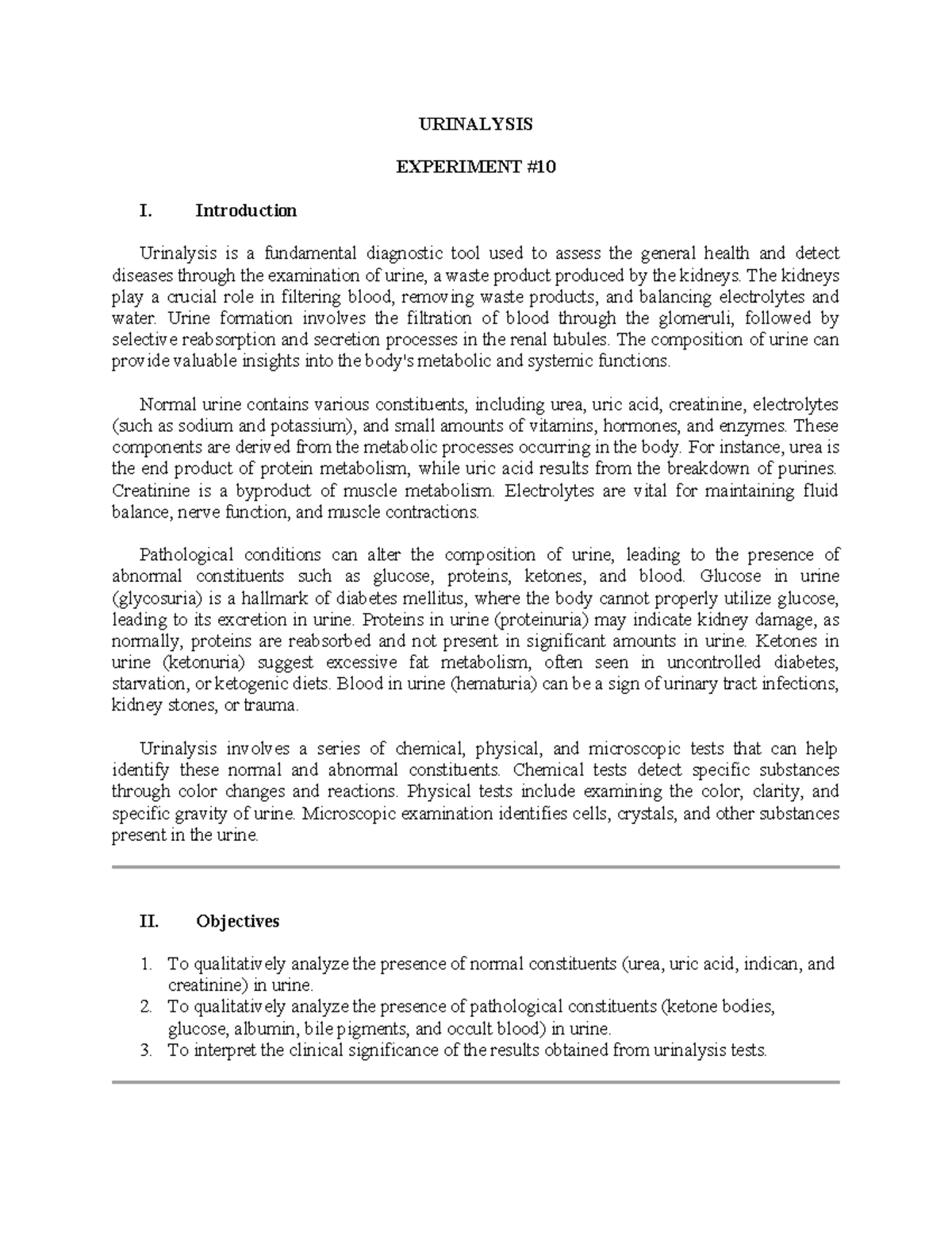 Urinalysis - Lab Report - URINALYSIS EXPERIMENT I. Introduction ...