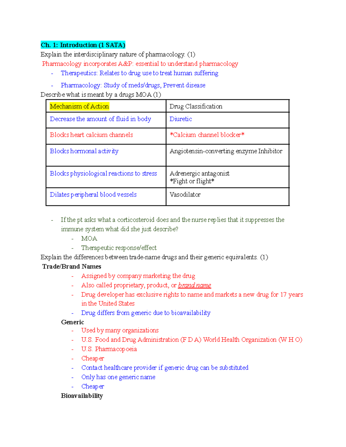 Phrmacology - Study Guide for Intro to Pharmacology Introduction ...