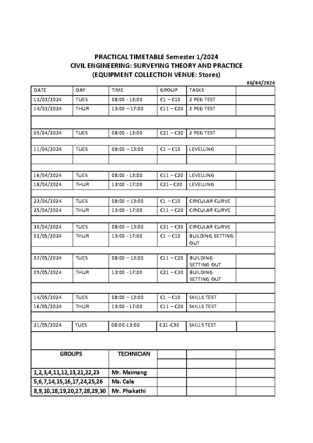 SURV111TTsem 1-2024 - Exams - PRACTICAL TIMETABLE Semester 1 /202 4 CIVIL ENGINEERING: SURVEYING ...