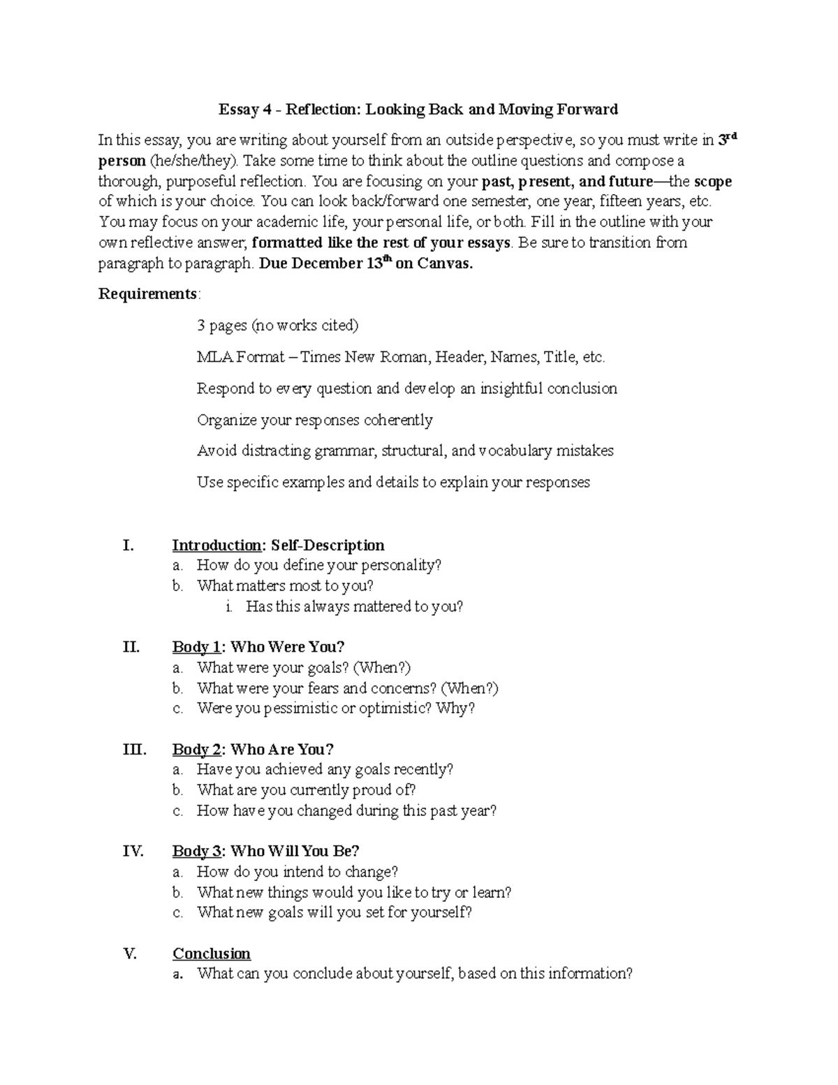 Essay 4 Assignment - Layout - Essay 4 - Reflection: Looking Back and ...