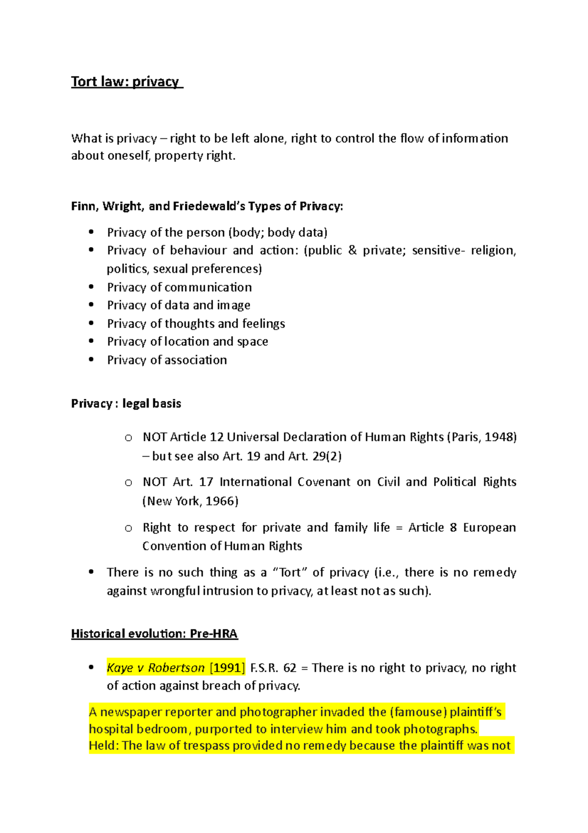 Privacy notes for exam - Tort law: privacy What is privacy – right to ...