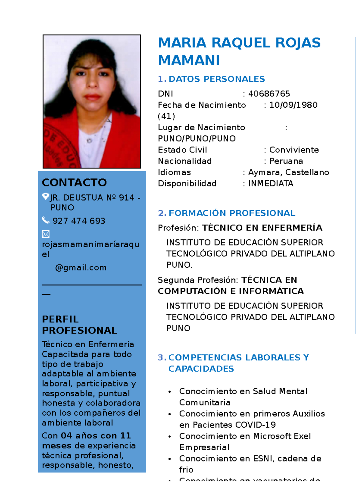 Curriculum 2022 Maria Raquel AAS SASDASD - MARIA RAQUEL ROJAS MAMANI 1 ...