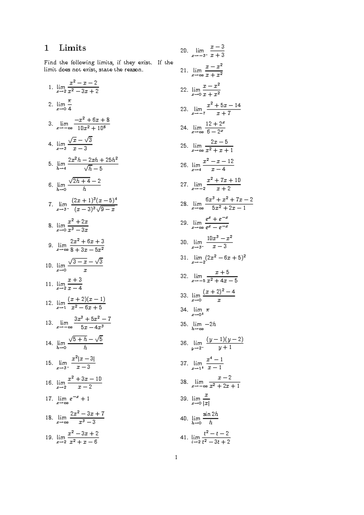 1 Limits w Solution - HI TH - 1 Limits Find the following limits, if they exist. If the limit ...