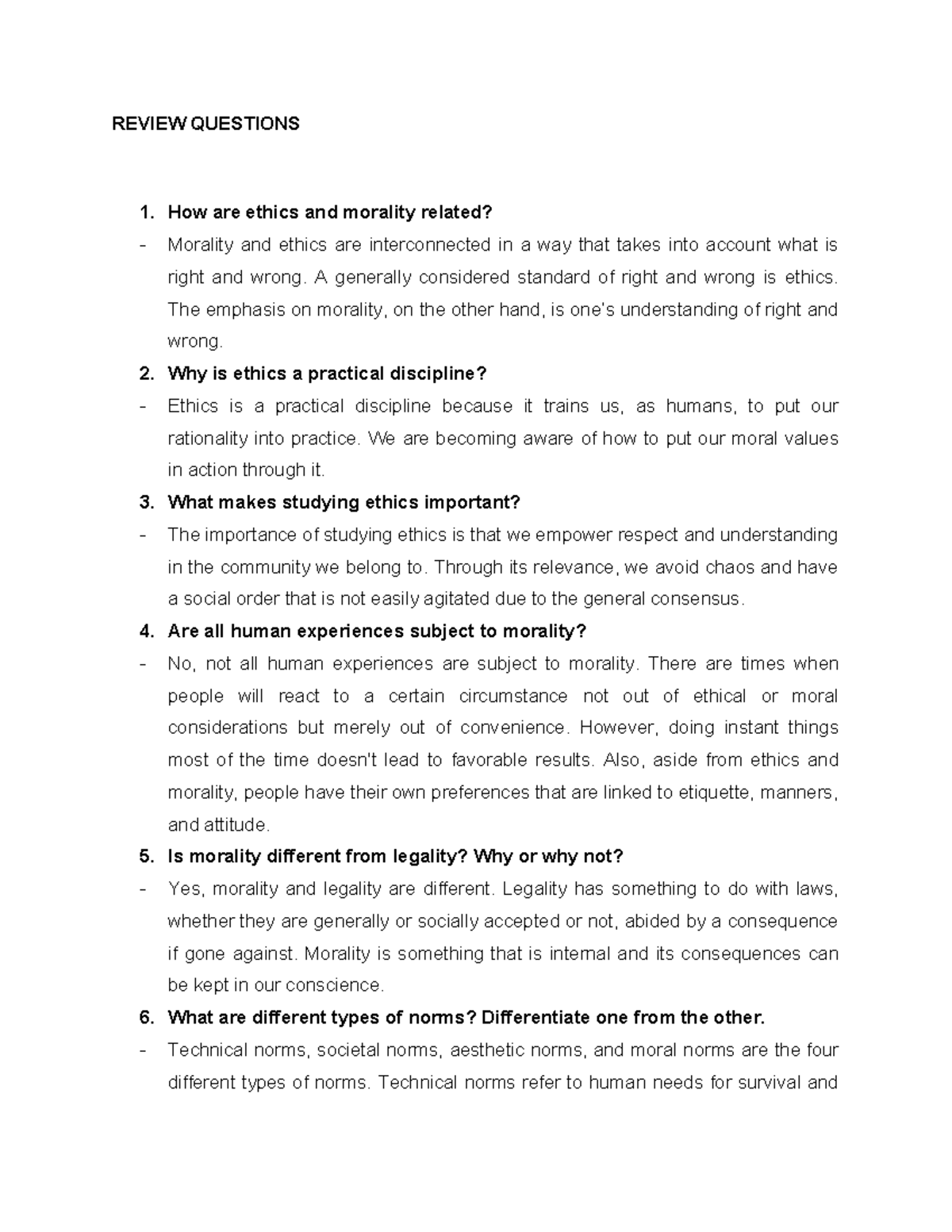 Ethics Activity - REVIEW QUESTIONS How are ethics and morality related ...