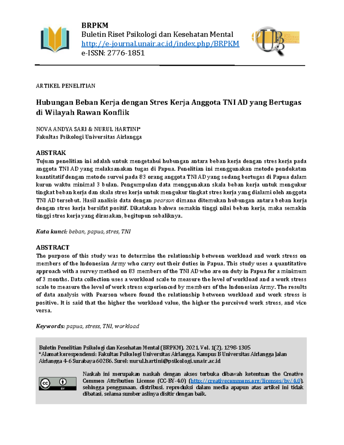 Hubungan Beban Kerja dengan Stres Kerja Anggota TNI AD yang Bertugas di Wilayah Rawan Konflik ...