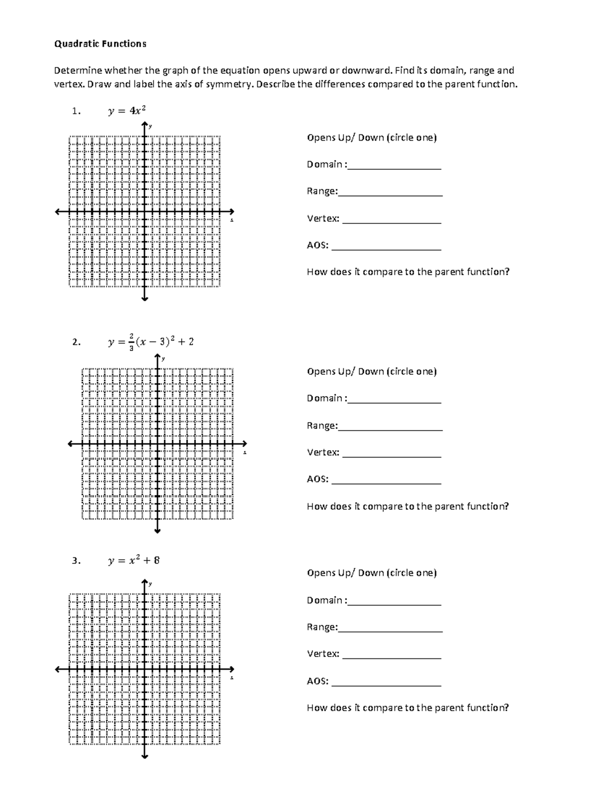 Algebra 1 Honors Spring Semester Review Part 2 - x y x y x y Quadratic ...