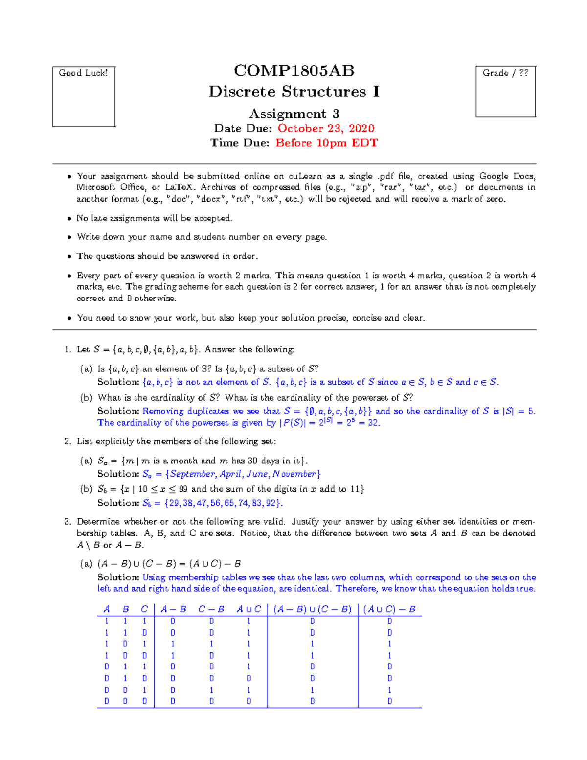 A3F20-solution - assignment 3 solutions - Good Luck! COMP1805AB Discrete Structures I Assignment ...