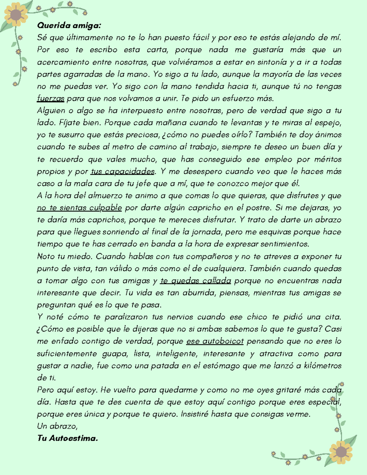 Cartas AMOR Propio - actividad autoestima - Querida amiga: Sé que ...