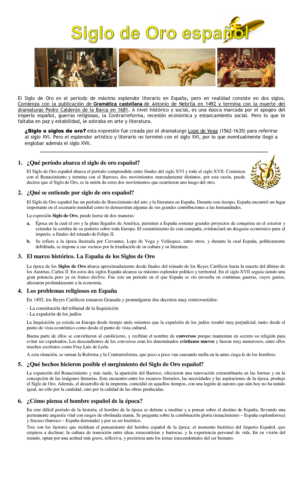 Literatura DEL Siglo DE ORO - Teoría Y Actividad - El Siglo de Oro es el periodo de máximo ...