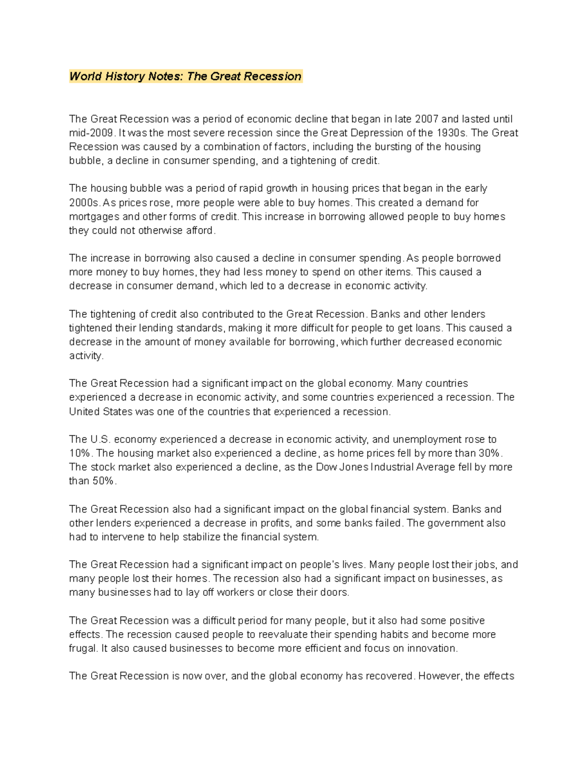 History Notes (34) - World History Notes: The Great Recession The Great ...