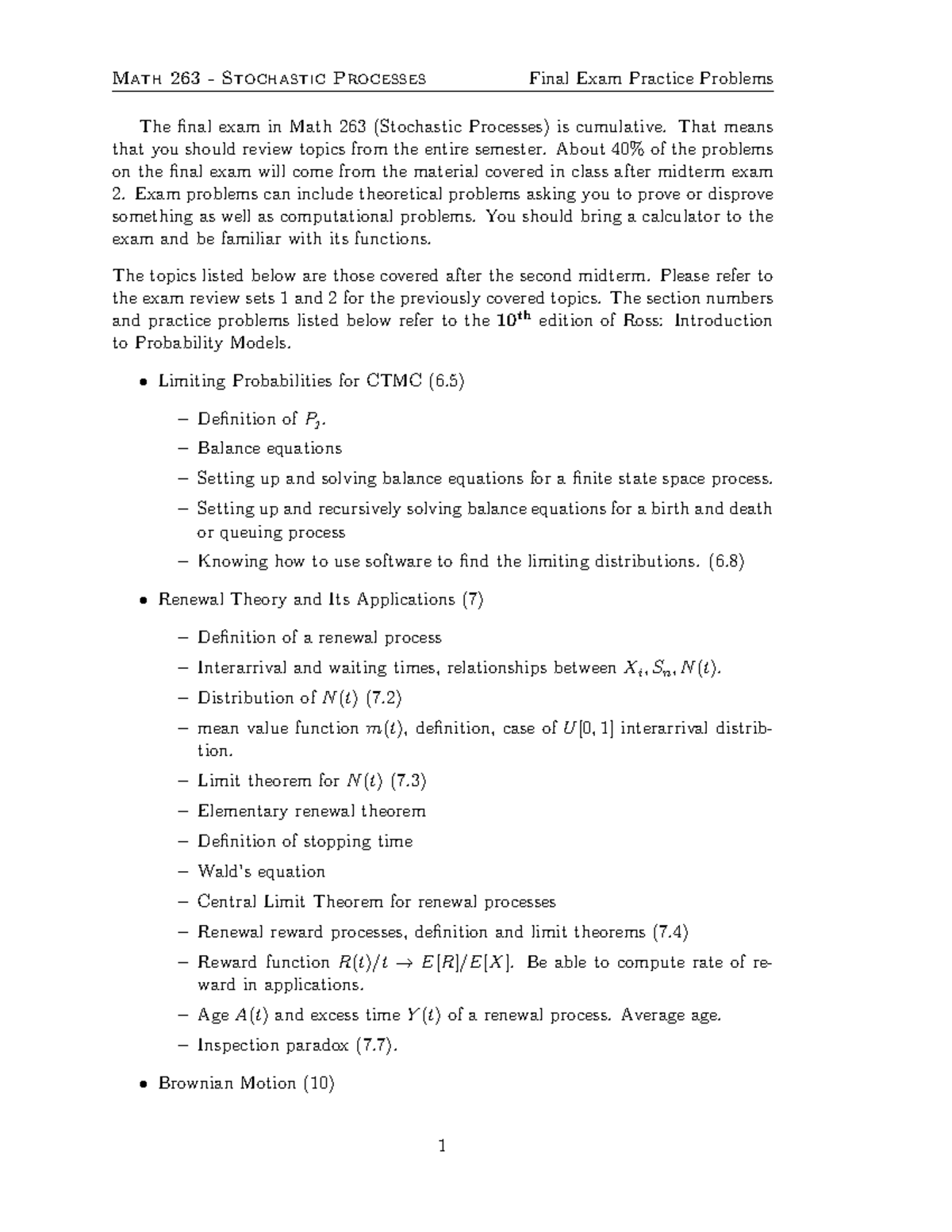 Exam Review 03 - The final exam in Math 263 (Stochastic Processes) is ...