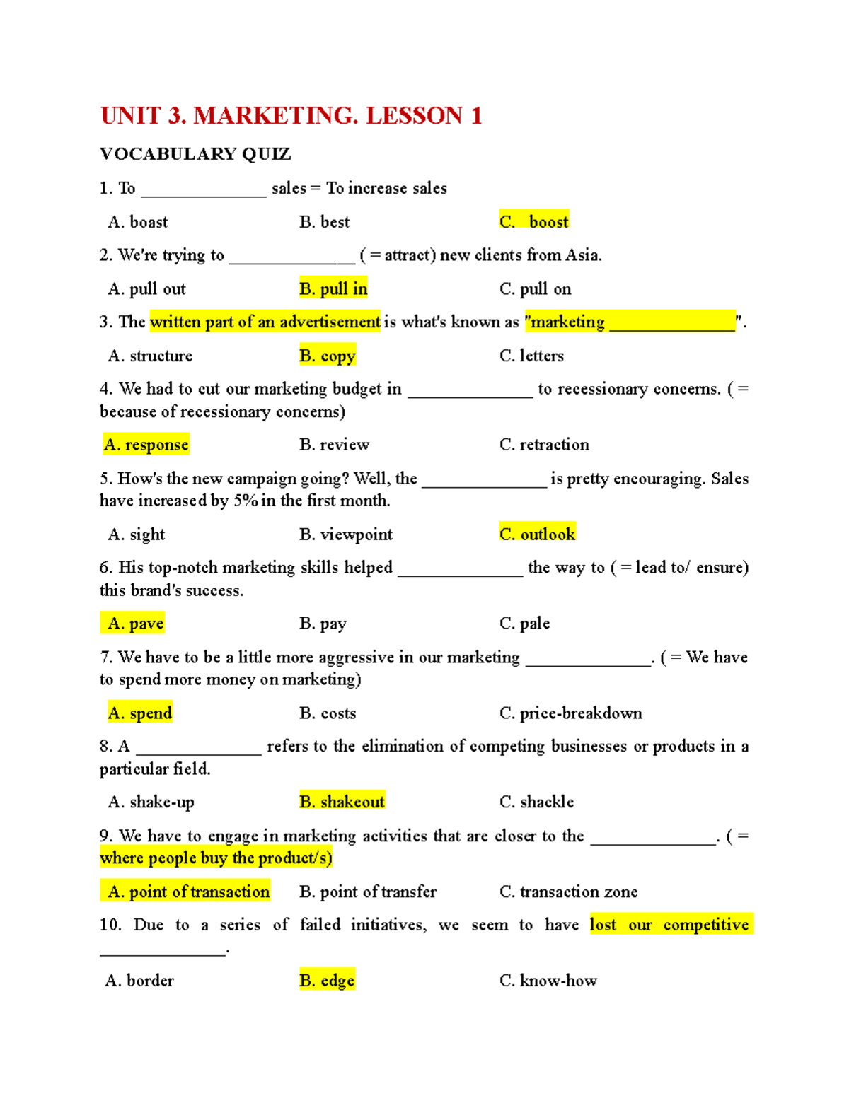 UNIT-3 Marketing Lesson-1 - UNIT 3. MARKETING. LESSON 1 VOCABULARY QUIZ ...