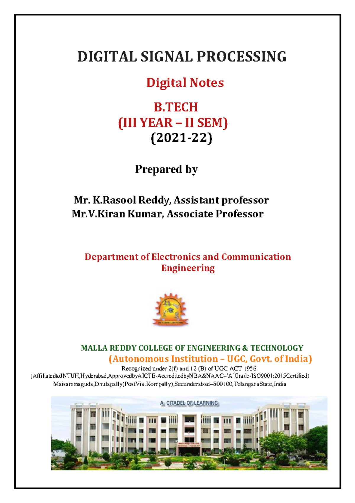 Digital Signal Processing - Recognized under 2(f) and 12 (B) of UGC ACT 1956 - Studocu