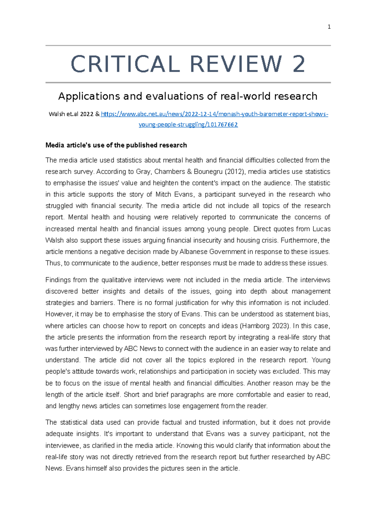Critical review 2 applied social research - CRITICAL REVIEW 2 ...