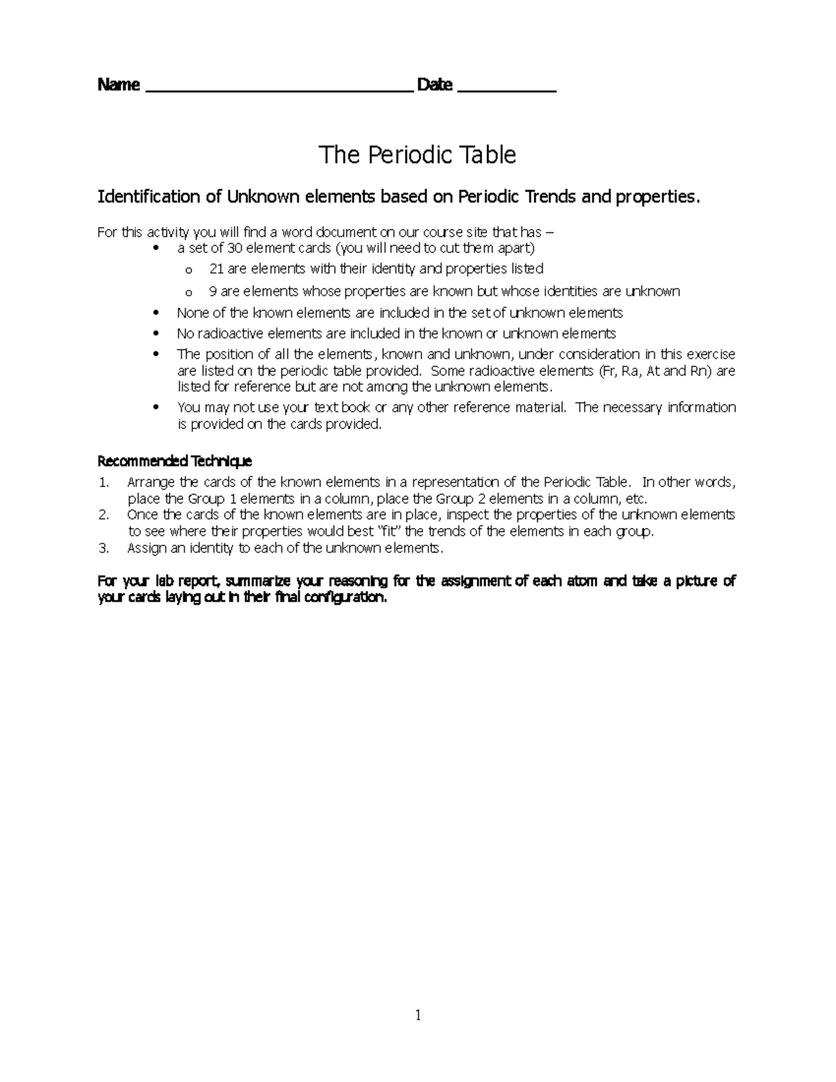 Activity - Identification of Unknown Elements - Name ...