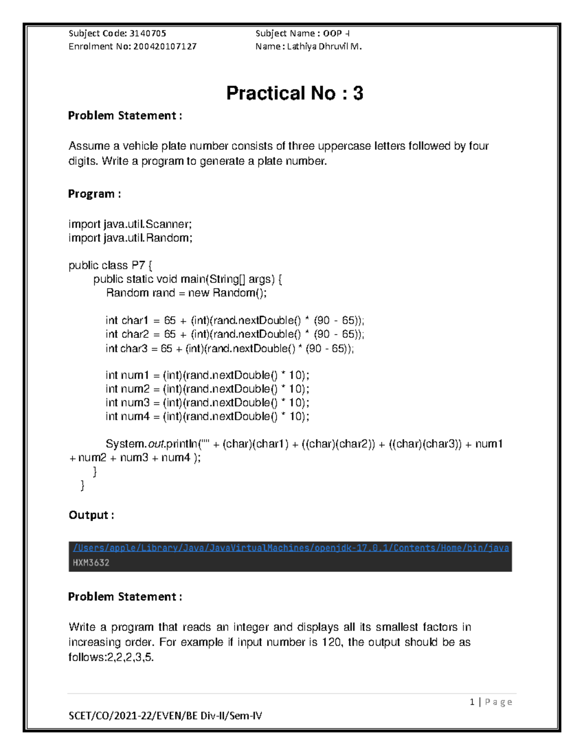 two dimension matrix - Enrolment No: 200420107127 Name : Lathiya ...