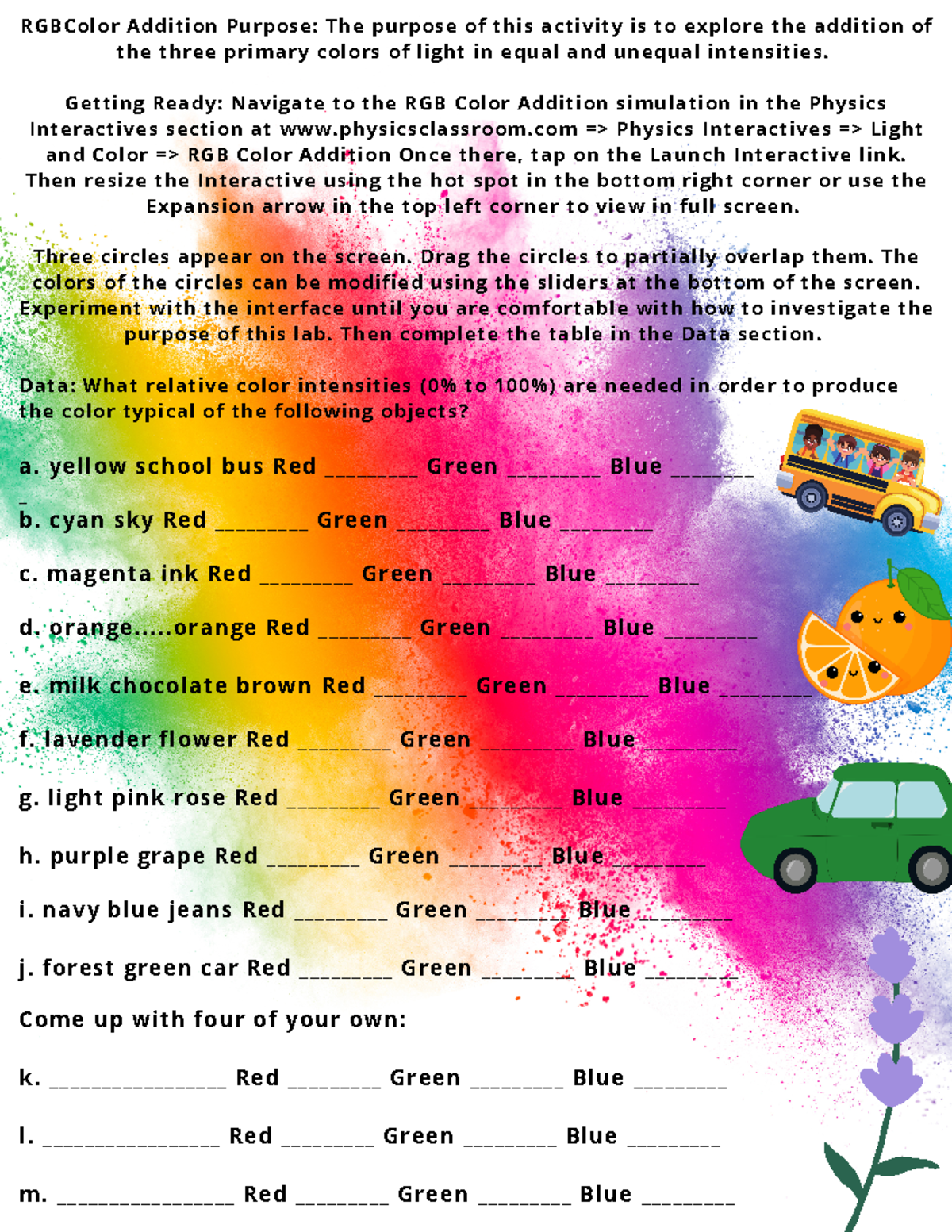 RGB Color Exploration - Worksheet - RGBColor Addition Purpose: The ...