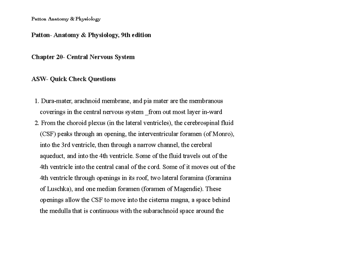 Chapter 20 Central Nervous System - Patton- Anatomy & Physiology, 9th ...