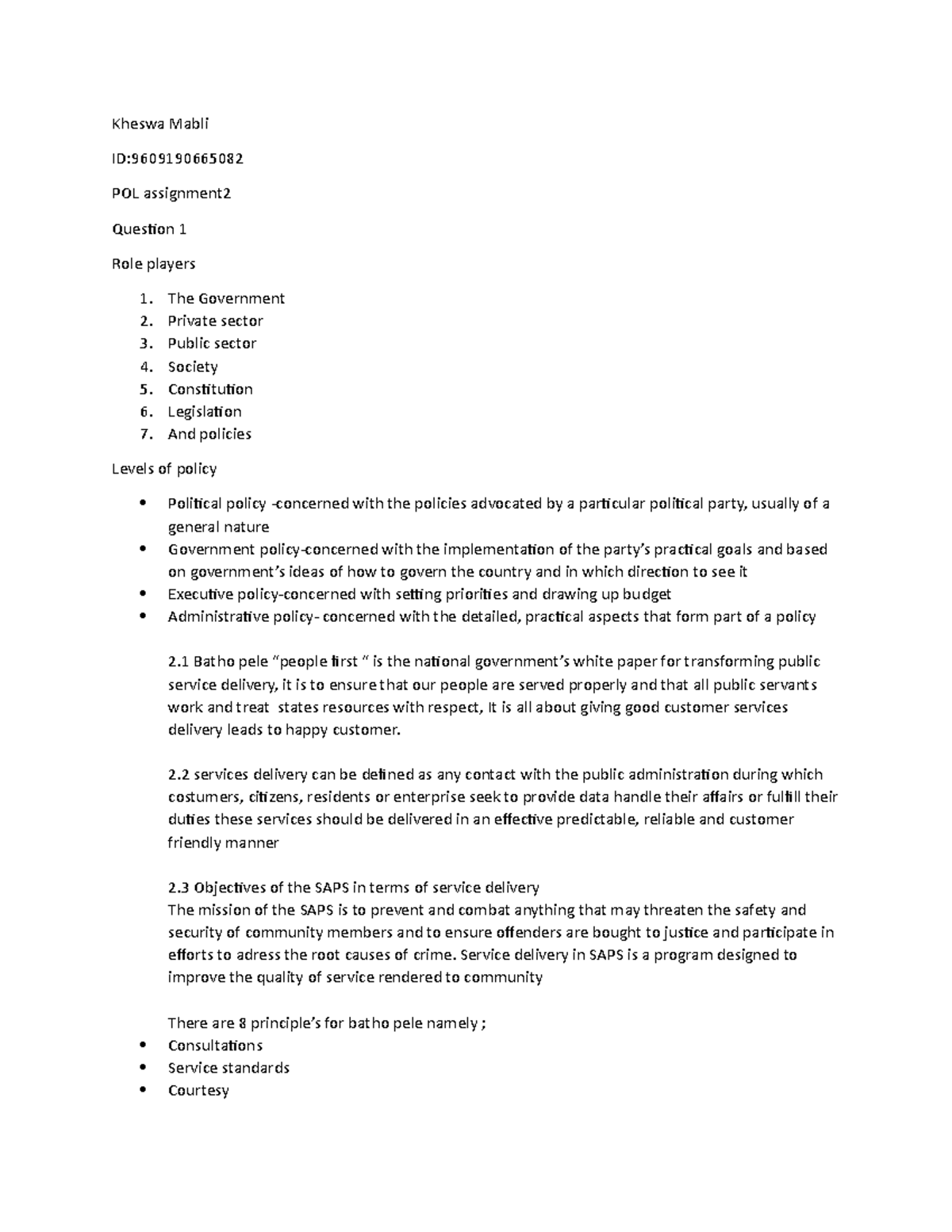 POL assignment 2 - Title of the essay - Kheswa Mabli ID: POL assignment ...