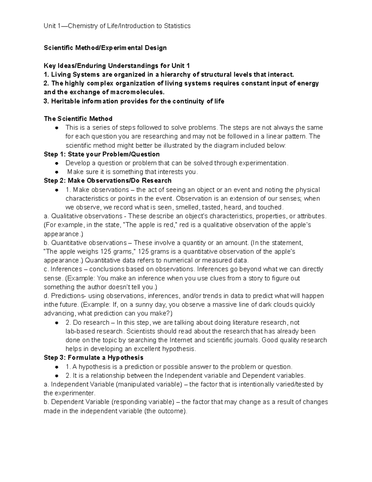 Scientific Method Experimental Design - Unit 1—Chemistry of Life ...