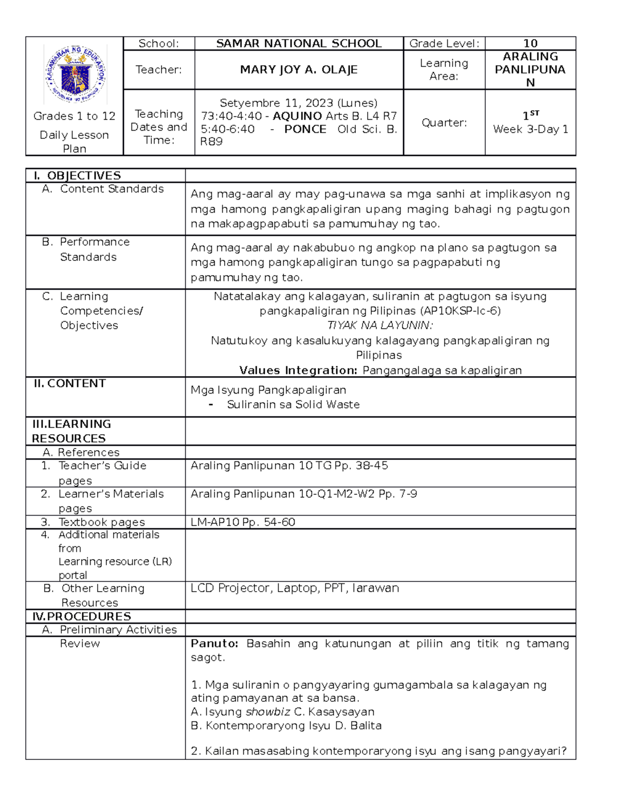 1- Solid Waste 1 - Lesson Plan - Grades 1 to 12 Daily Lesson Plan ...