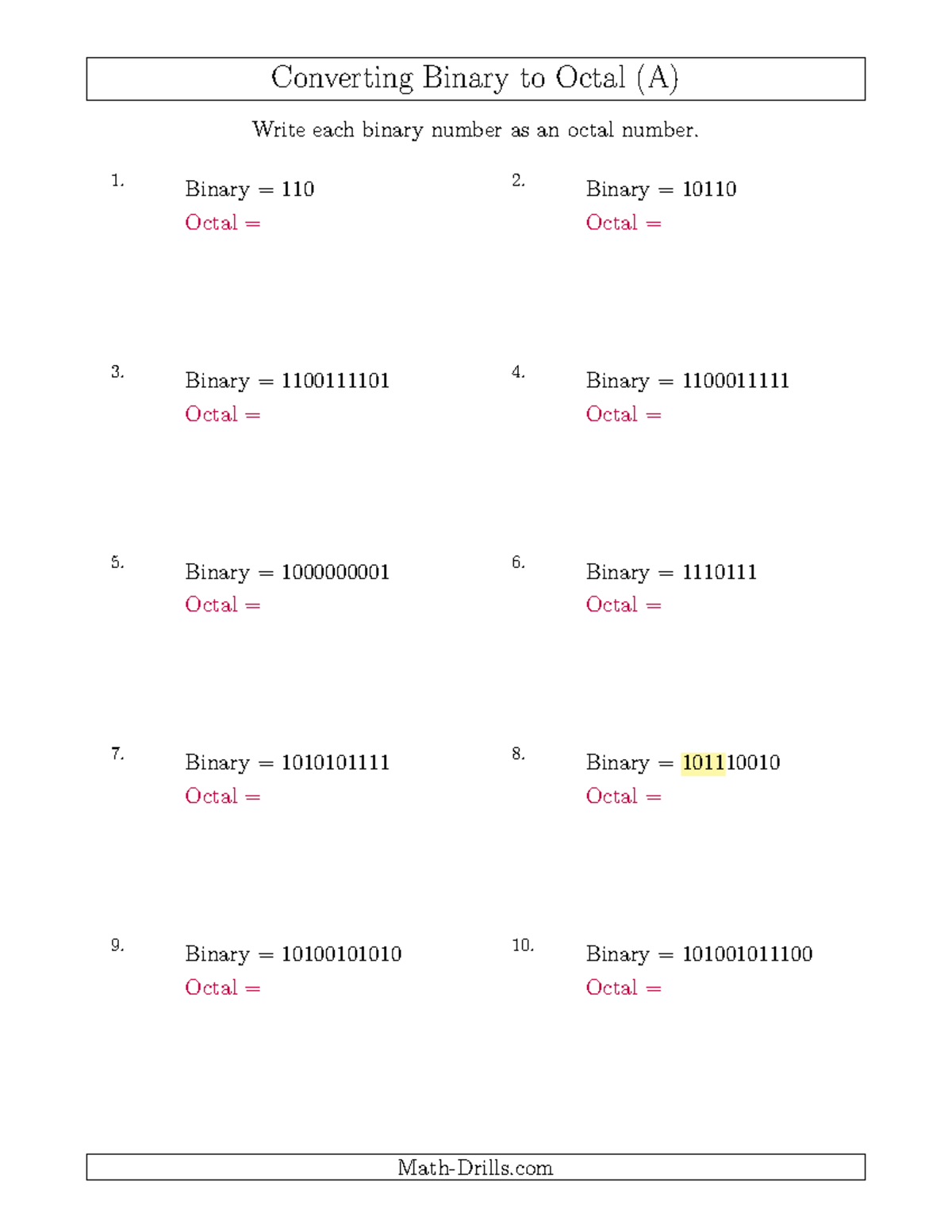 Base number systems converting binary octal 001 - Converting Binary to Octal (A) Write each ...