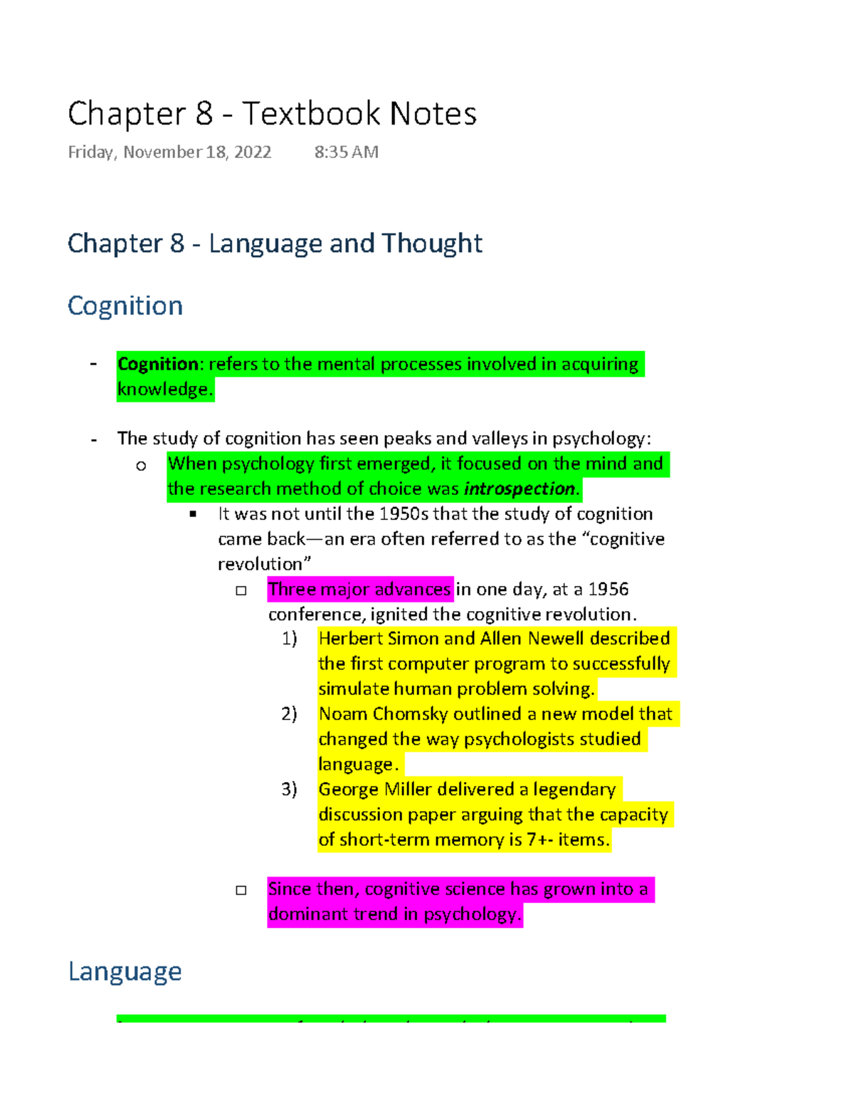 Chapter 8 - Textbook Notes - Chapter 8 - Language and Thought Cognition ...