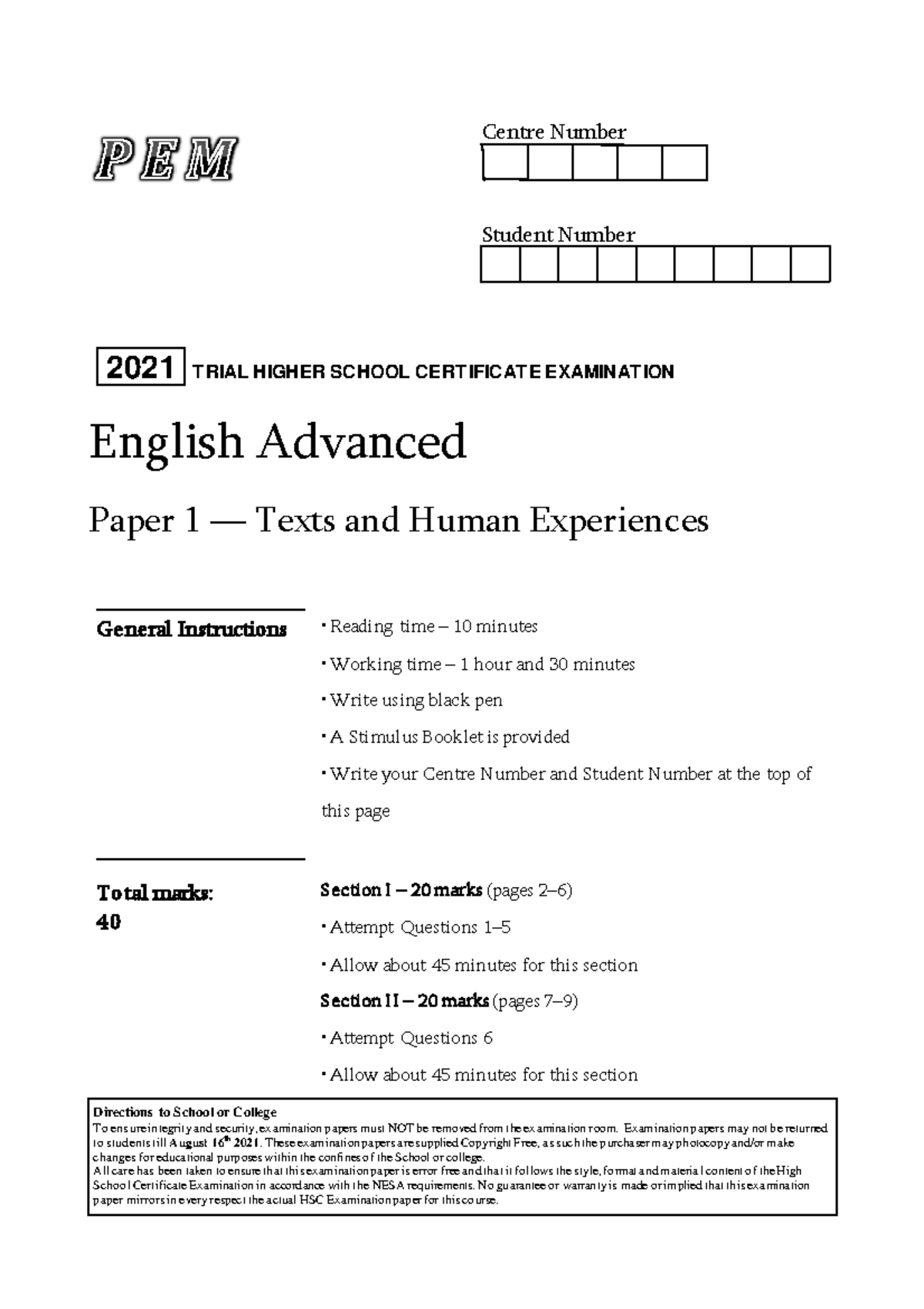 PEM 2021 English Advanced Paper 1 Trial HSC - Centre Number Student ...