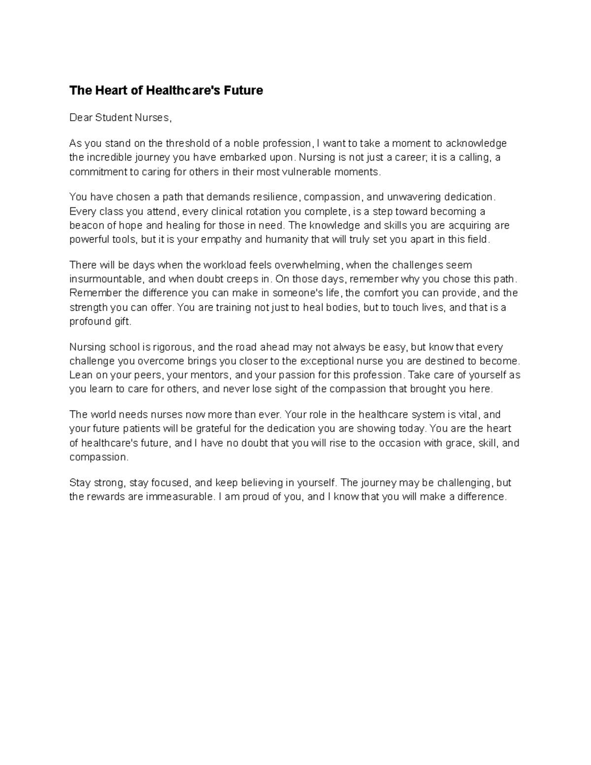 Letter for nursing studen - The Heart of Healthcare's Future Dear ...