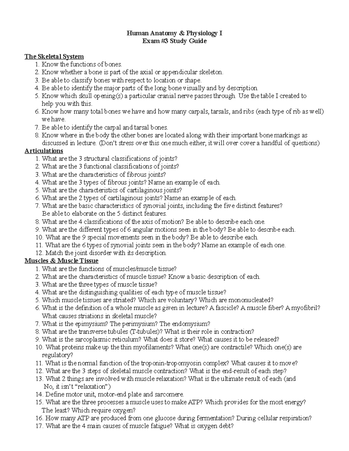 Exam 3 study guide - Human Anatomy & Physiology I Exam #3 Study Guide ...