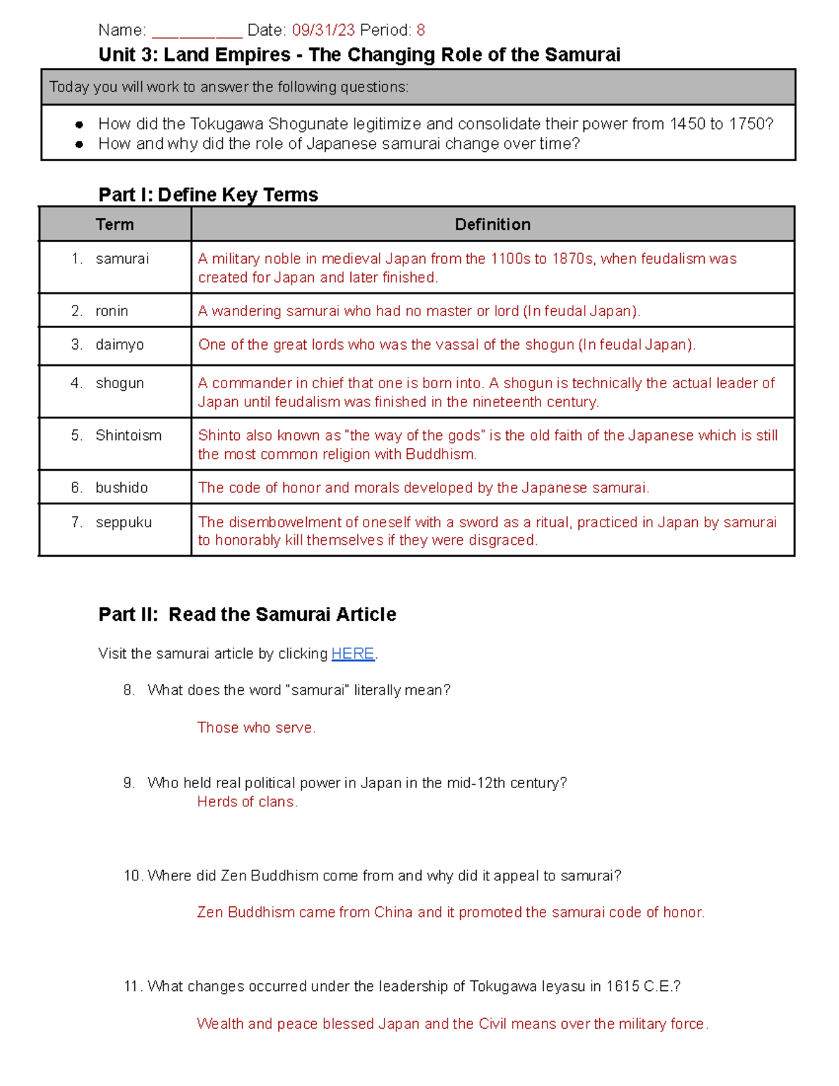 Unit 3: Samurai Inquiry Lesson (APWH Student Handout) - Name ...