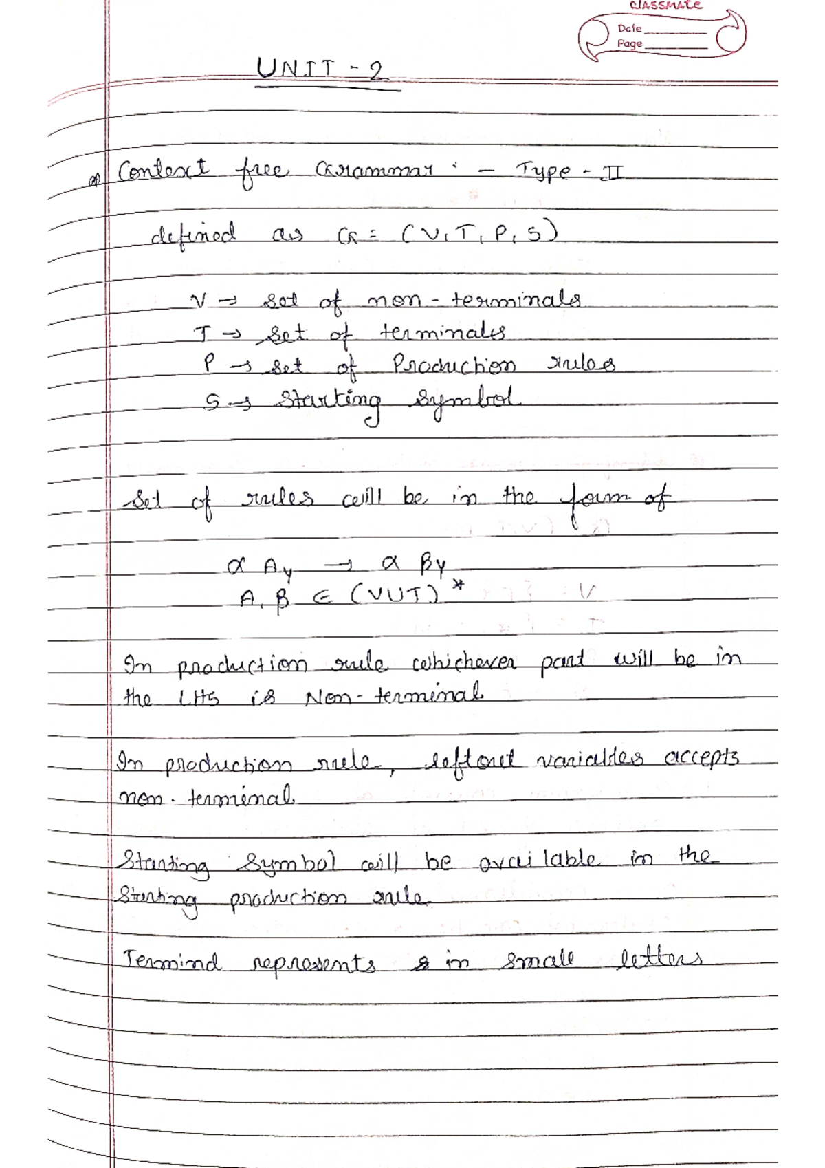 FLA 1 - notes - CLASSMATE Date Page UNIT 2 at Context free Grammar Type ...