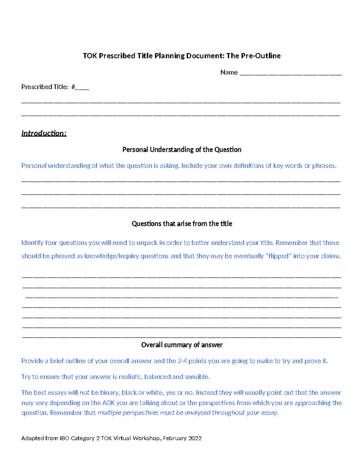 Tok essay planning pre outline 2023 - TOK Prescribed Title Planning ...