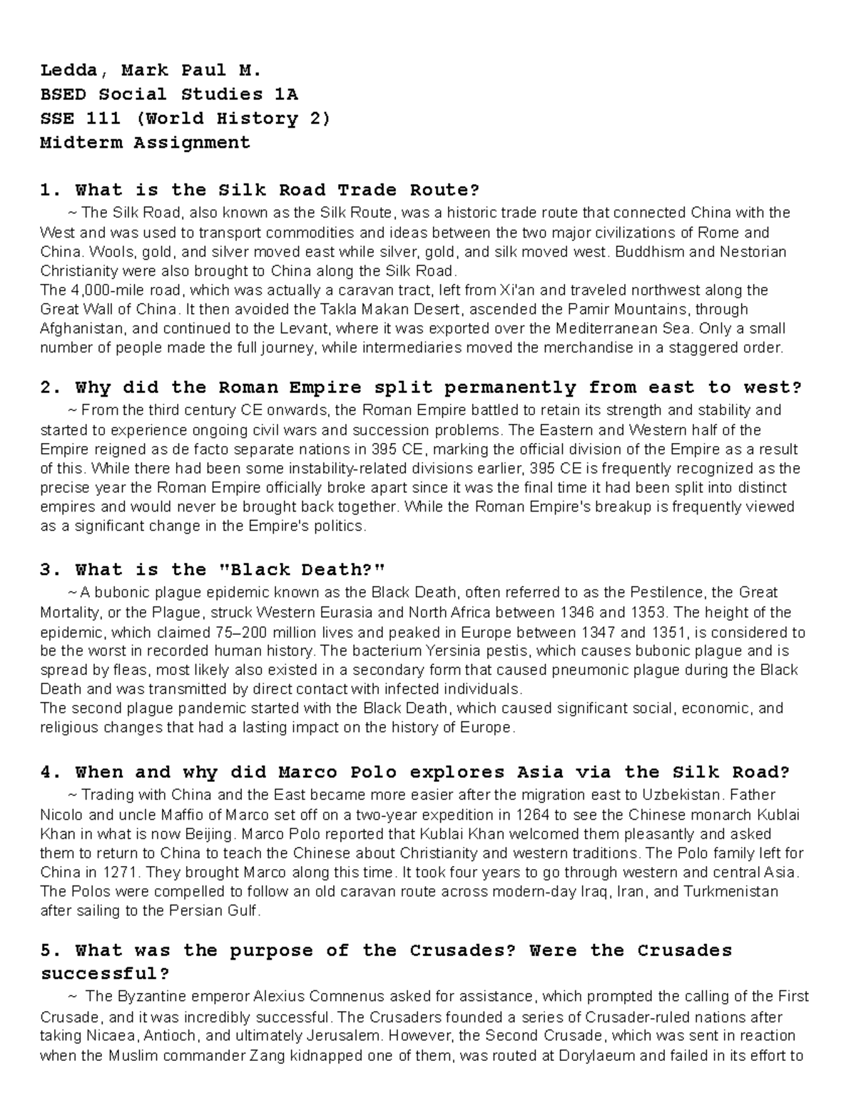 SSE 111 (World History 2) Midterm Assignment - Ledda, Mark Paul M. BSED ...