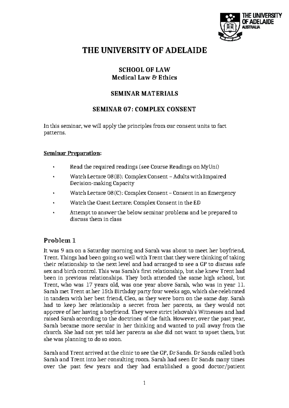 Seminar 7 - fact patterns - THE UNIVERSITY OF ADELAIDE SCHOOL OF LAW ...